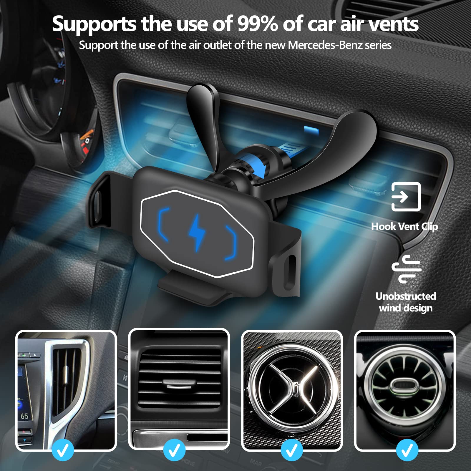 FULNEY Wireless Car Charger Mount, Cup Holder Phone Mount, Air Vent Mount, 15W Qi Charging, Compatible for Galaxy Z Fold 4/3/2/S23 Ultra, iPhone 14 Pro Max, Auto Clamping 5.6in-7.4in