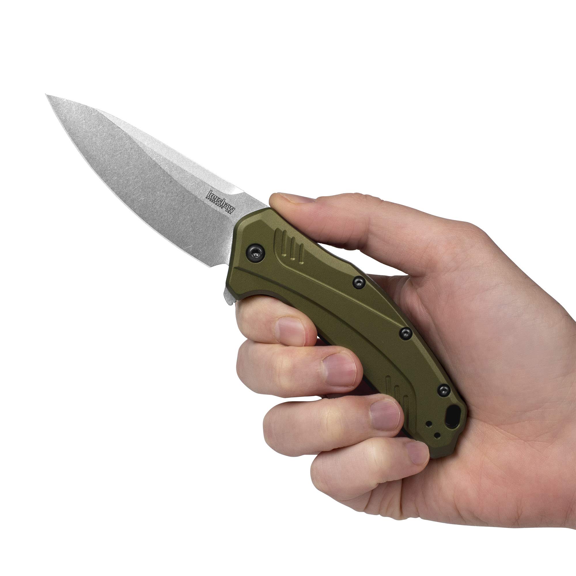 Kershaw Link Olive Stonewash Pocketknife, 3.25" CPM 20CV Steel Drop Point Blade, Assisted One-Handed Flipper Opening, Folding EDC, Stainless Steel, olive green