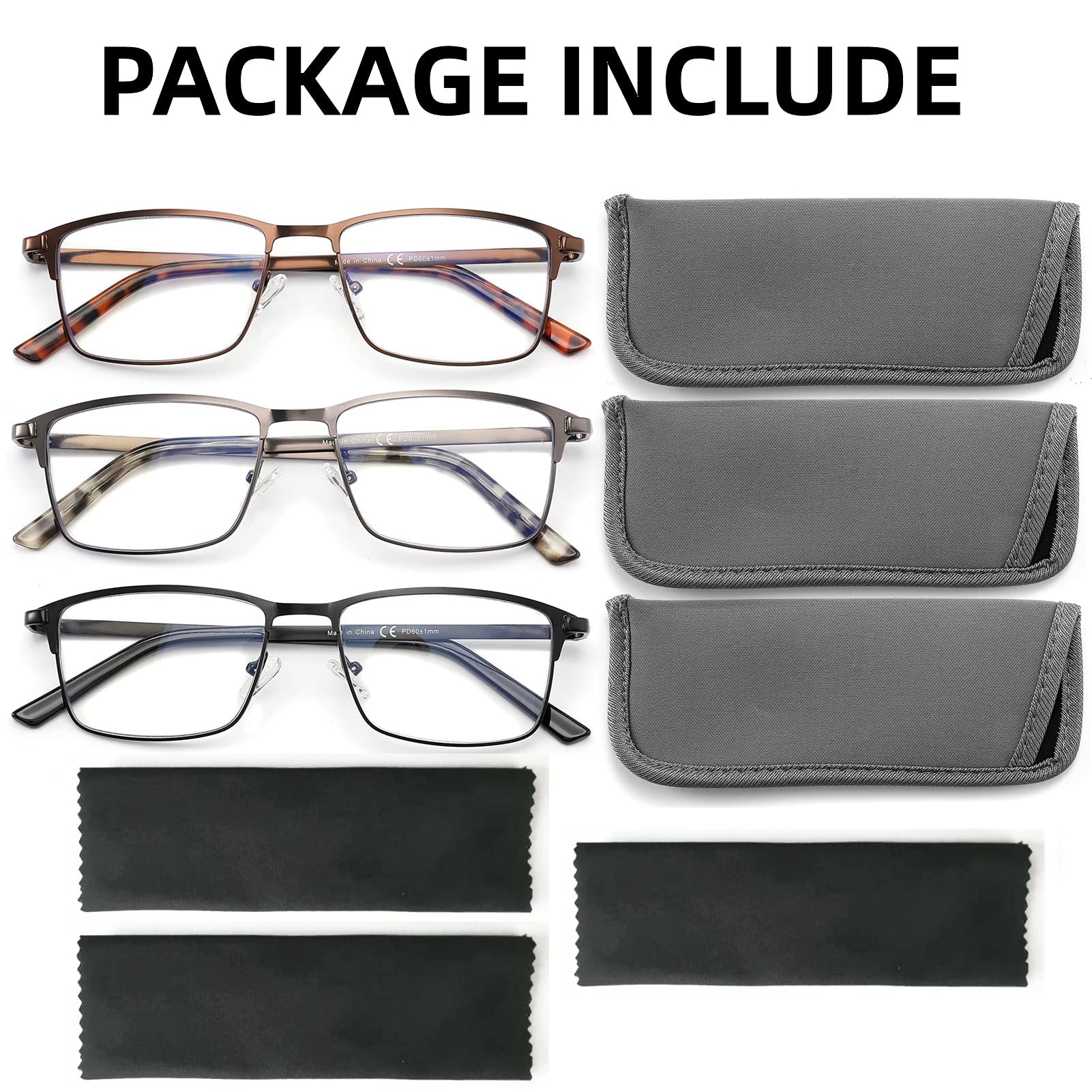 CRGATV 3-Pack Reading Glasses for Men Blue Light Blocking Metal Full Wide Frame Computer Readers Anti UV/Eye Strain/Glare (+2.75 Magnification Strength)