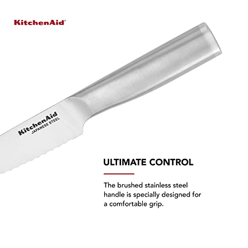 KitchenAid Gourmet Forged Stainless Steel Serrated Utility Knife with Custom-Fit Blade Cover, 5.5-inch, Sharp Kitchen Knife, High-Carbon Japanese Stainless Steel Blade, Brushed Stainless Steel Handle
