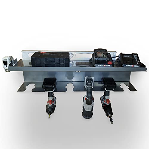 Speed Fabrication Power Deck 6-Slot Wall Mount Tool Holder with Battery Rack Storage Shelf - Cordless Tool Holder Organizer and Storage Rack