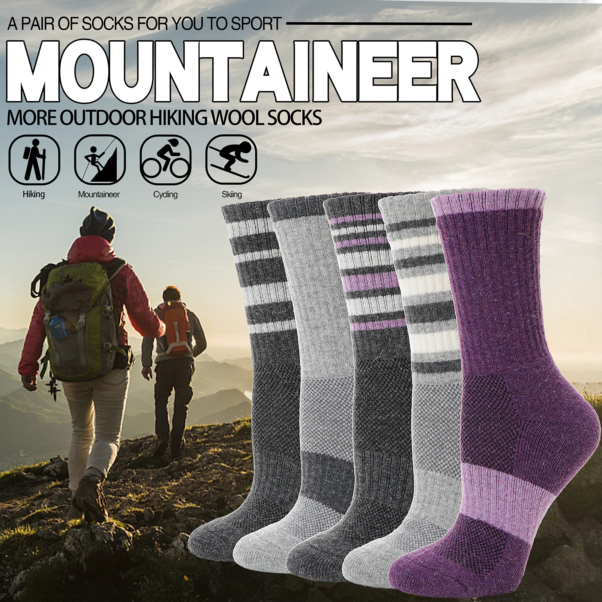 EBMORE Womens Merino Wool Hiking Socks Thermal Warm Winter Boot Crew Cushion Work Gift Socks 5 Pairs(Striped-A,M)