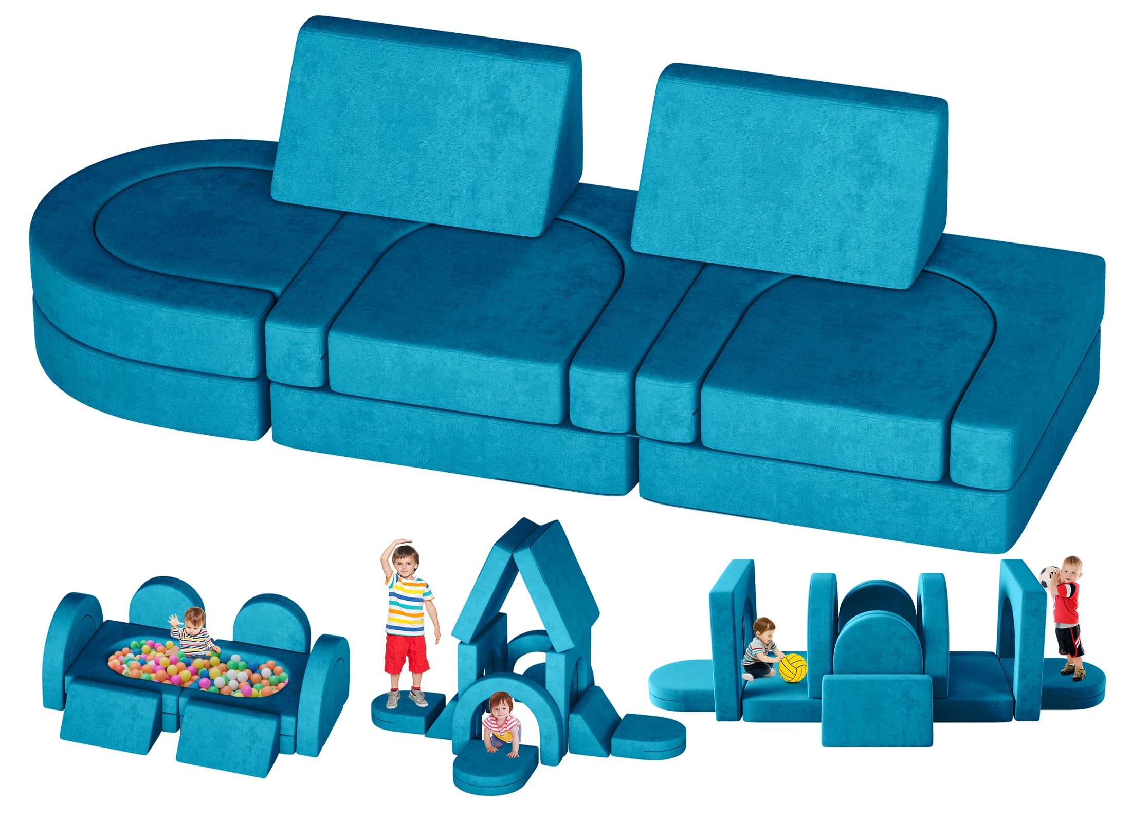 Kids Couch, 12PCS Modular Toddler Couch with 2 Triangular Cushions and 4 Arches, Fold Out Kids Couch for Playroom, Bedroom, Modular Kids Couch for Boys and Girls, Kids Play Couch for Kids (Blue)