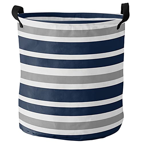 Laundry Basket Striped,Waterproof Collapsible Clothes Hamper Navy Blue Gray and White Stripe,Large Storage Bag for Bedroom Bathroom 16.5x17In