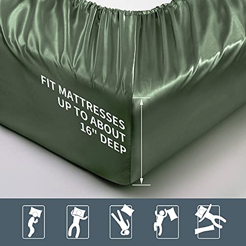 P Pothuiny 6-Piece Queen Satin Sheets Luxury Woodland Green Satin Bedding Sheet Set, 1 Deep Pocket Fitted Sheet + 1 Flat Sheet + 4 Pillow Cases