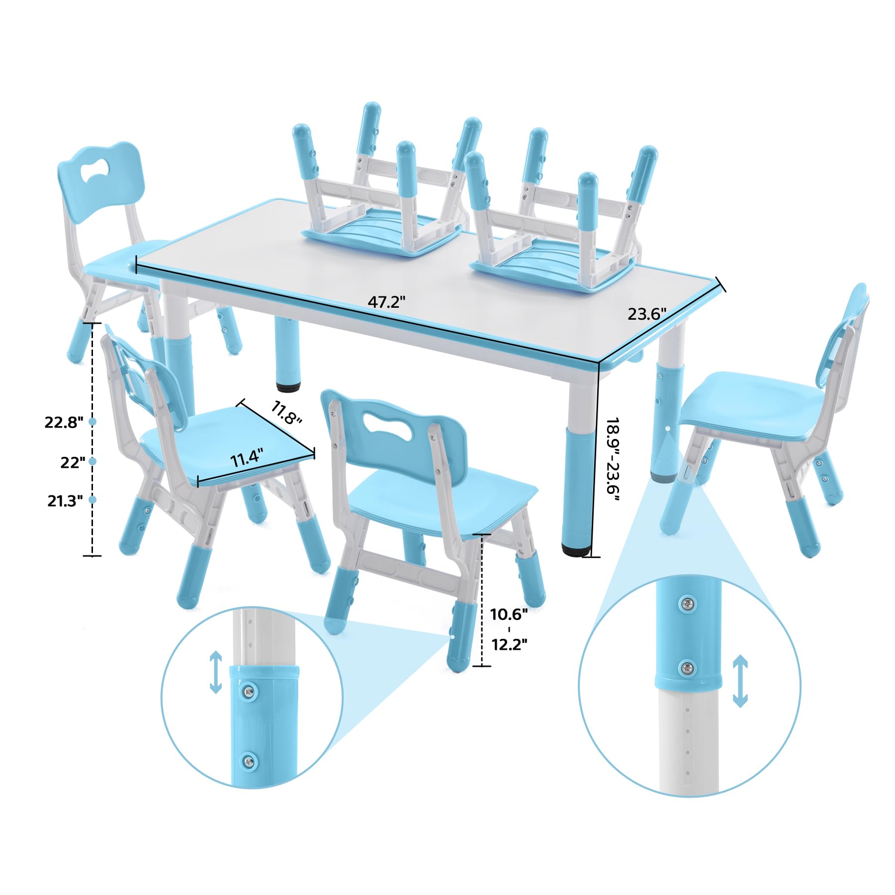 DOREROOM Kids Table and 6 Chairs Set, Height-Adjustable Toddler Table and Chair Set with Graffiti Desktop, 47.2''L x 23.6''W Children Activity Table for Daycare, Classroom, Home