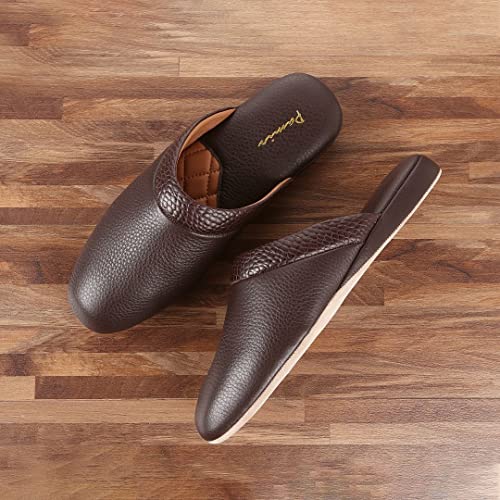 PAMIR Mens Premium Leather House Slippers with Memory Foam Brown Size 10