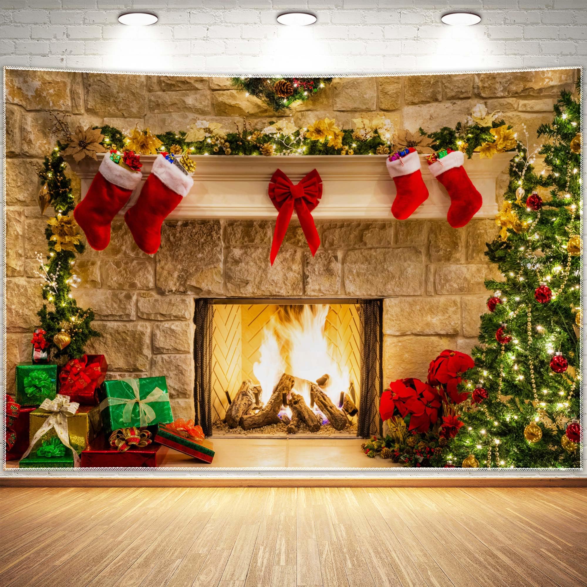 Haboke 8x6ft Christmas Fireplace Theme Backdrop for Photography Tree Sock Gift Decorations for Xmas Party Supplies Photo Background Pictures Banner Studio Decor Booth Props