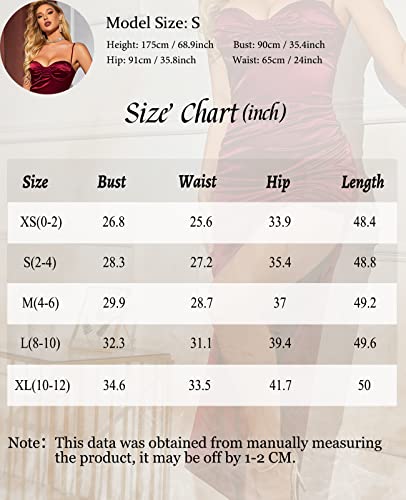 Women's Satin Spaghetti Straps Backless Ruched Bodycon Dress Slit Maxi Cocktail Elegant Dresses for Evening Party White