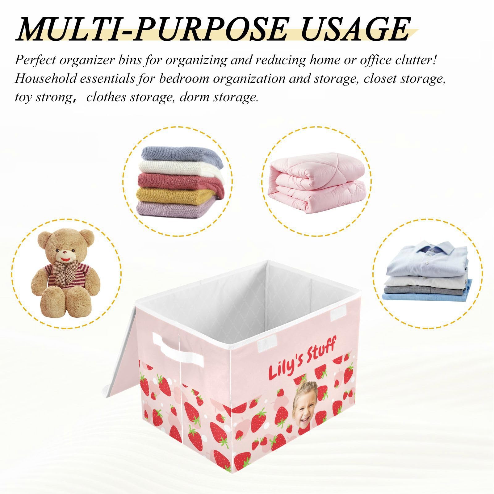 Sinestour Custom Storage Bins with Lid Personalized Storage Basket Box Shelf Basket Closet Organizer for Home Toy Playroom (Strawberry)