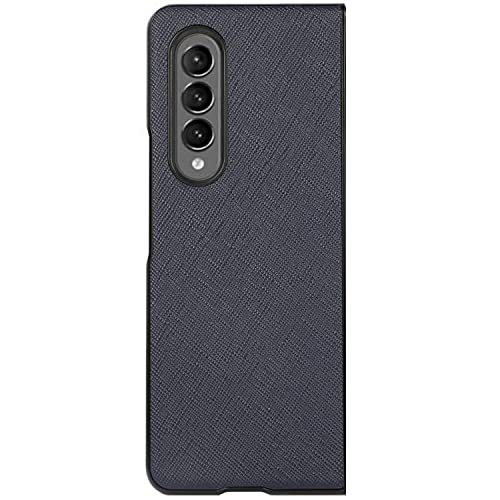 ZYKY Phone Case for Galaxy Z Fold 3, Genuine Leather Protection Cover PC Hard Shockproof Back Cover Protector Case Shell Compatible with Samsung Galaxy Z Fold 3 5G (Blue)