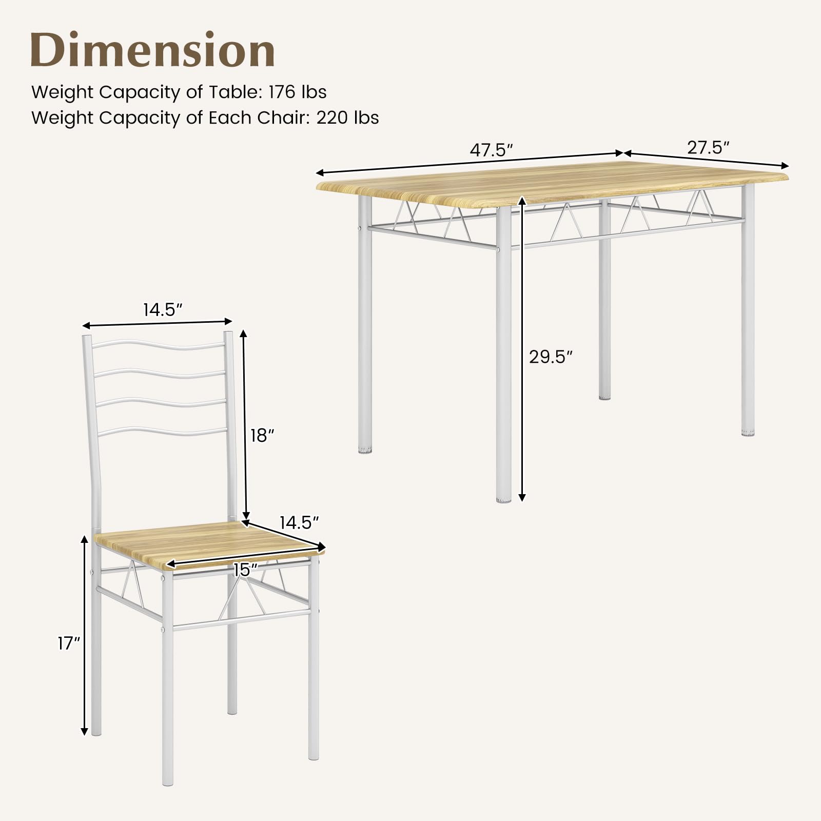 COSTWAY Kitchen Table Chairs Set of 4, 5 Piece Metal Rectangular Dinette Set w/Non-Slip Pad, Space-Saving Design, Modern Dining Room Table Set for Small Place Breakfast Nook Restaurant (Walnut)