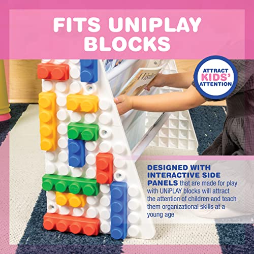 UNiPLAY Kids 4-Tier Book Storage Organizer with Sling Book Pockets, Plastic Sling Rack Bookshelf for Playroom, Fits Blocks, White