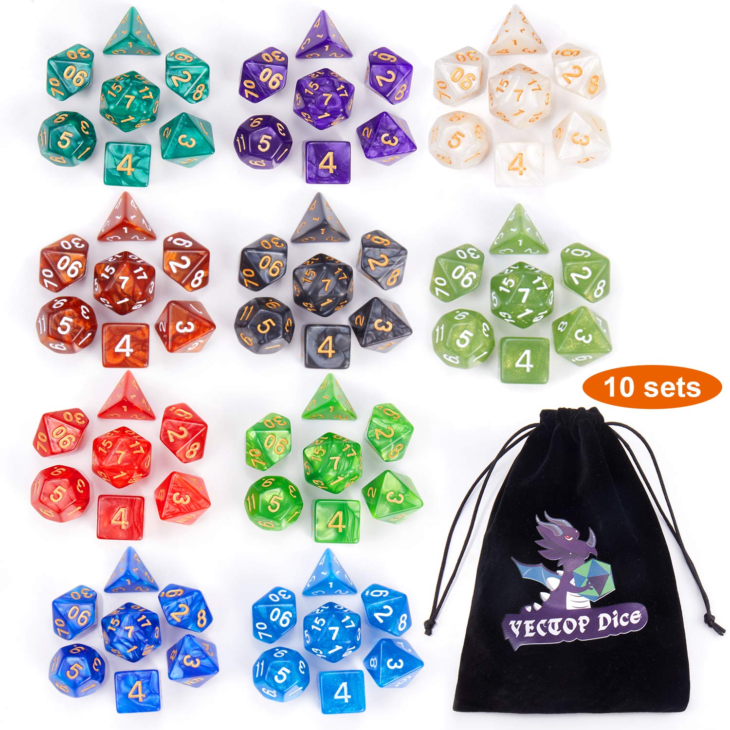 DND Dice Sets, 10 X 7 Sets (70 Pieces) Polyhedron Dice for Dungeons and Dragons RPG MTG D&D Tabletop Game with 1 Big Pouch D4 D8 D10 D12 D20