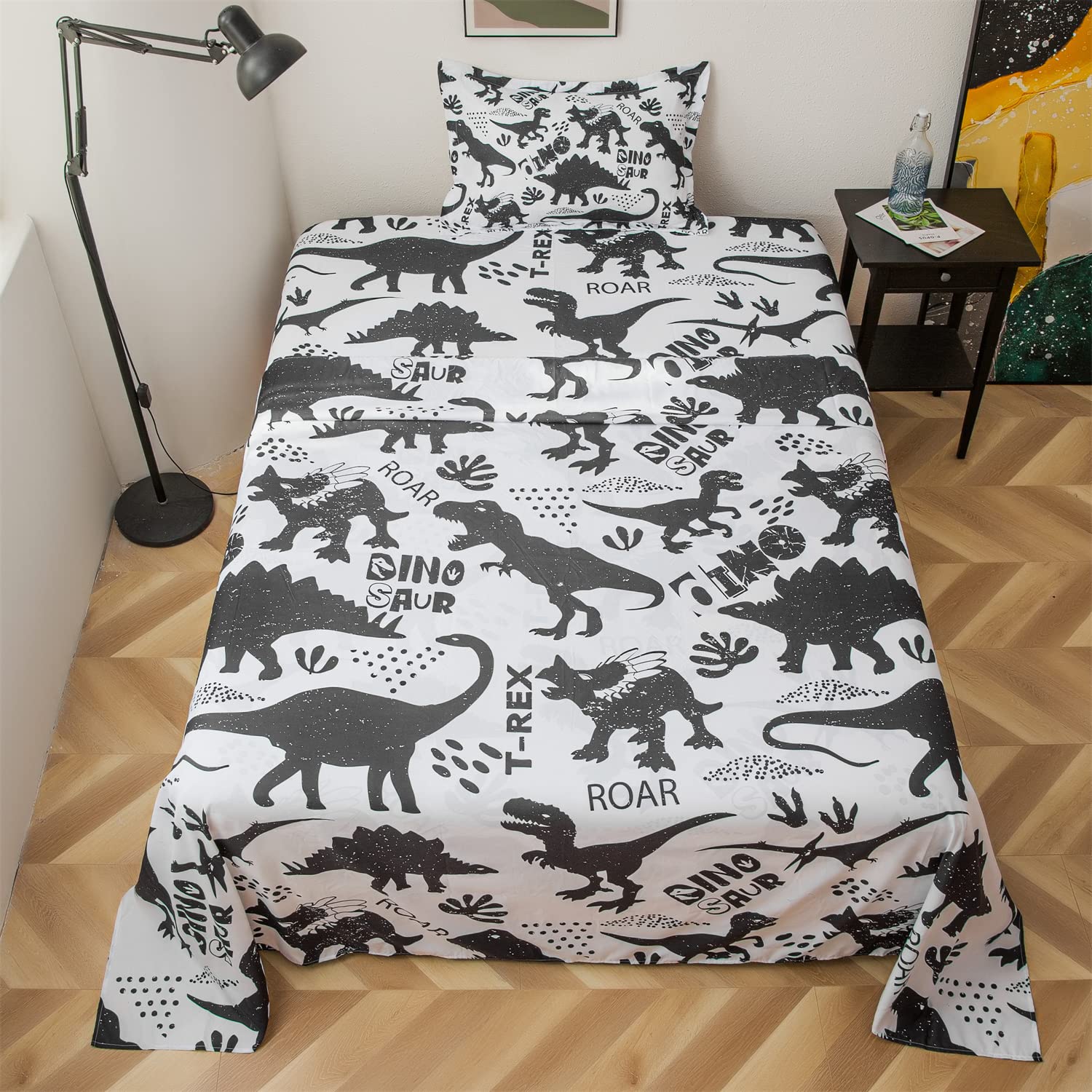 lishjekee Dinosaur Bed Sheets Twin Boys Dino Sheet Set Kids Jungle Bedding Set 3Pieces Black and White T-Rex Bed Sheet Set with 1 Pillowcase 1 Flat Sheet 1 Fitted Sheet