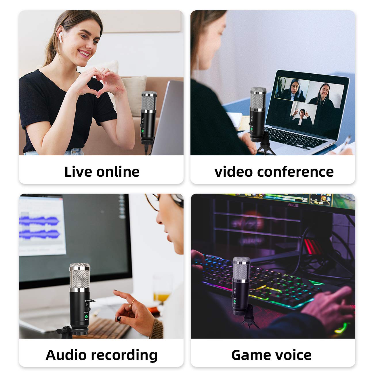Depusheng USB Mic for Recording Remote Work, Online Class,Game,and Streaming on PC and Mac, Headphone Output and Volume Control, Metal Condenser Computer Recording Microphone,Plug and Play,Black