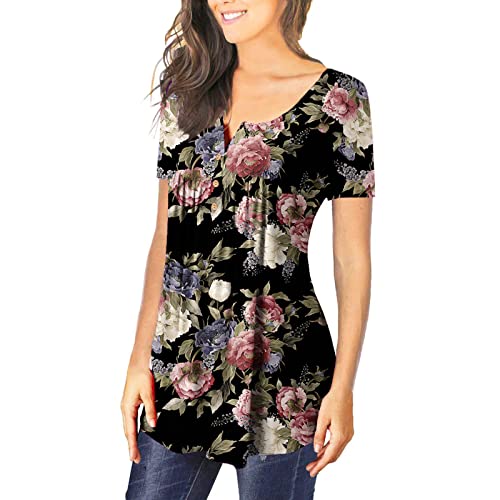 Womens Fall Tunic Tops 2022 Fashion Short Sleeve T Shirts Plain Cute Tees Casual Dressy Blouses Trendy Henley Solid Pullover, Black-06, 3X-Large