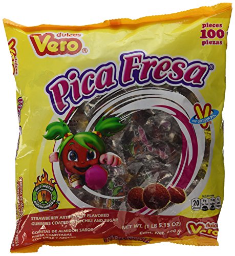 Dulces Vero Pica Fresa Chili Strawberry Flavor Gummy Mexican Candy, 100Piece, 1 LB, 5.15 OZ, Clear