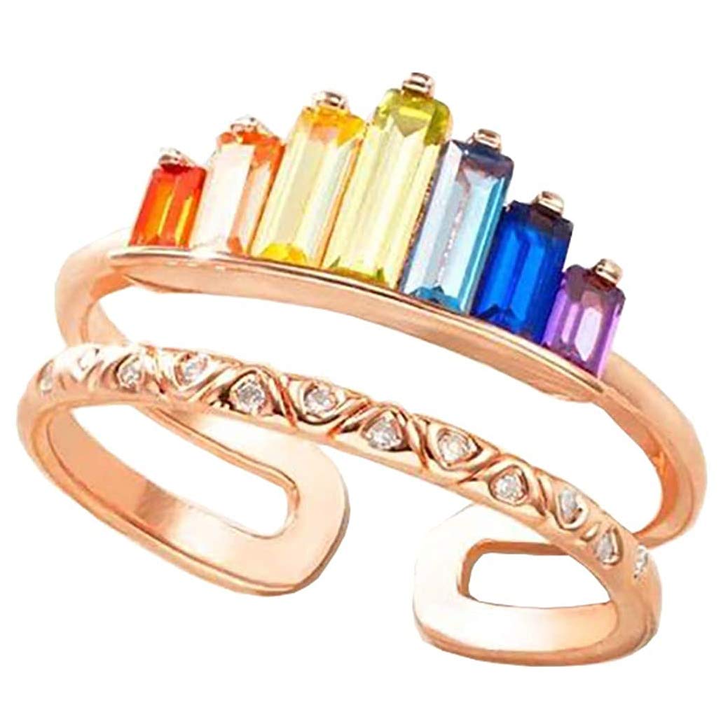 COSTWAY Rainbow Ring Double Band, Adjustable Wide Band Stacking Rainbow Rings for Women, Adjustable Opening Valentines Day jewelry