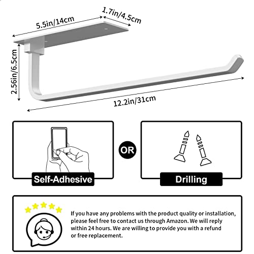 Paper Towel Holder - Self-Adhesive or Drilling, White Wall Mounted Paper Towel Rack Under Cabinet for Kitchen, Upgraded Aluminum Kitchen Roll Holder - Lighter but Stronger Than Stainless Steel!