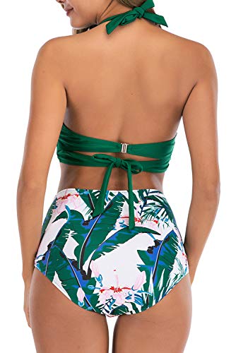 Womens Vintage Bikini Swimsuits Modest Knot Halter Criss Cross Back Push Up Bra Tops Beach Wear Swim 2 Pieces Bathing Suits (Green Leaves,L)