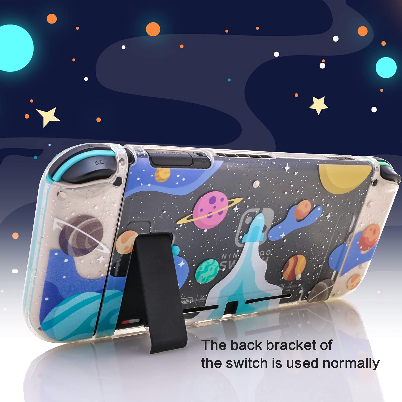 ECHZOVE Switch Glitter Case, Switch Cute Case with Tempered Glass Screen Protector and Thumb Grip Caps - Rocket