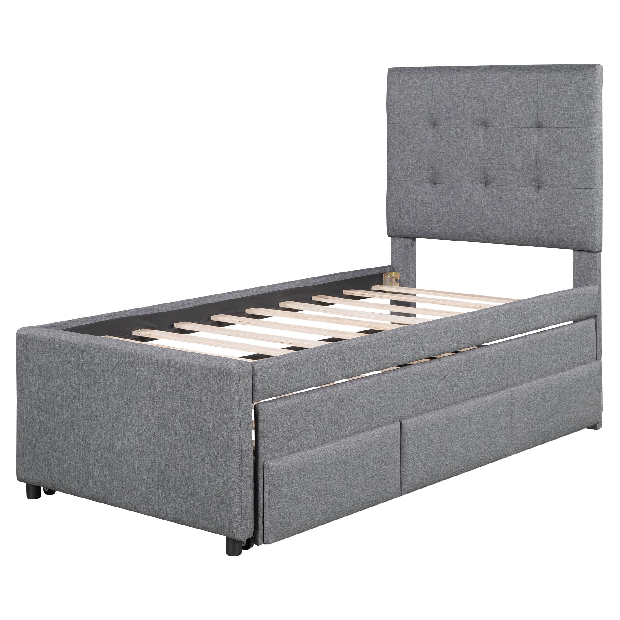DNYN Upholstered Twin Size Platform Bed with Trundle & 3 Drawers for Kids Bedroom,Solid Wood Bedframe w/Storage & Headboard,No Box Spring Needed & Super Save Space,80.5" L x 80.75" W x 56.25" H, Gray