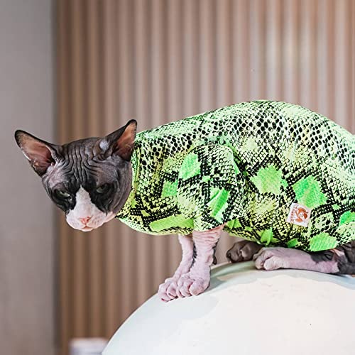 Sphynx Hairless Cat Clothes Spring Summer Limited Edition Snake Skin Pattern Cotton T-Shirts Elasticity Turtleneck Pet Clothes for Cat (M (6-7.7lbs), Fluorescent Green)