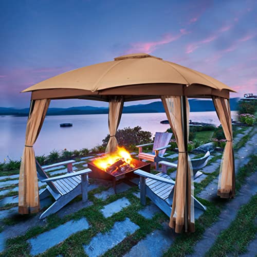 FAB BASED 10x10 Gazebo for Patio, Double Vent Canopy Gazebo with Privacy Netting Screen, Outdoor Heavy Duty Steel Waterproof and Portable Gazebo for Deck Backyard Lawn and Garden (Khaki)