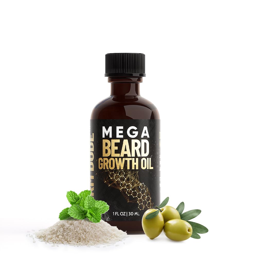 Derm Dude Mega Beard Growth Oil with Jojoba Oil, Japanese Peppermint Oil, Castor Oil, Avocado oil and more. Promotes Natural Healthy Facial Hair Growth for Men, Thickening and Conditioning Beard Oil