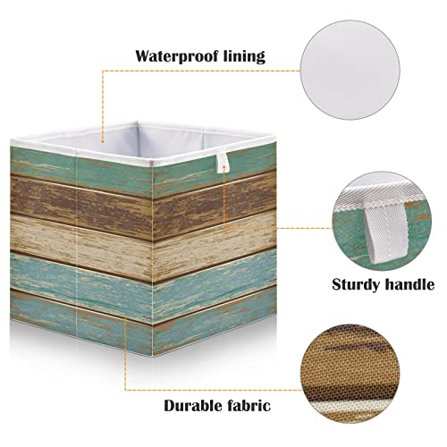 ALAZA Rustic Country Wooden Farmhouse 11 Inch Cube Storage Bin Organizer Foldable Basket for Closet Cabinet Shelf Office