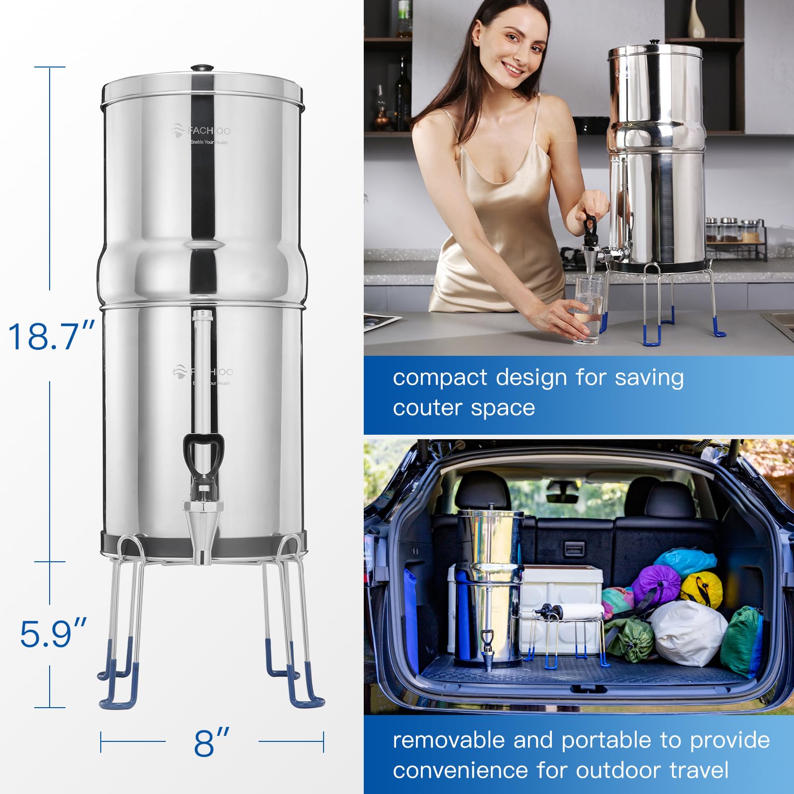 FACHIOO Gravity-fed Water Filter System, 2.25 Gallon Stainless Steel Countertop System with 2 Ceramics Filters Washable Filters, Metal Water Level Spigot and Stand,Reduce up to 99% Chlorine