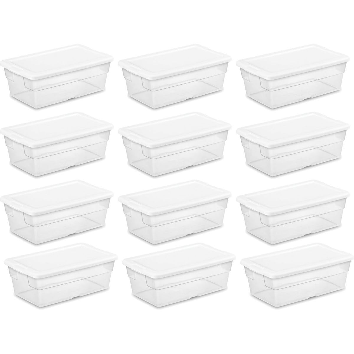 MEZHI 12 Pack 6 Qt Storage Box, Stackable Bin with Lid, Plastic Container to Organize Shoes and Crafts on Closet Shelves, Clear with White Lid