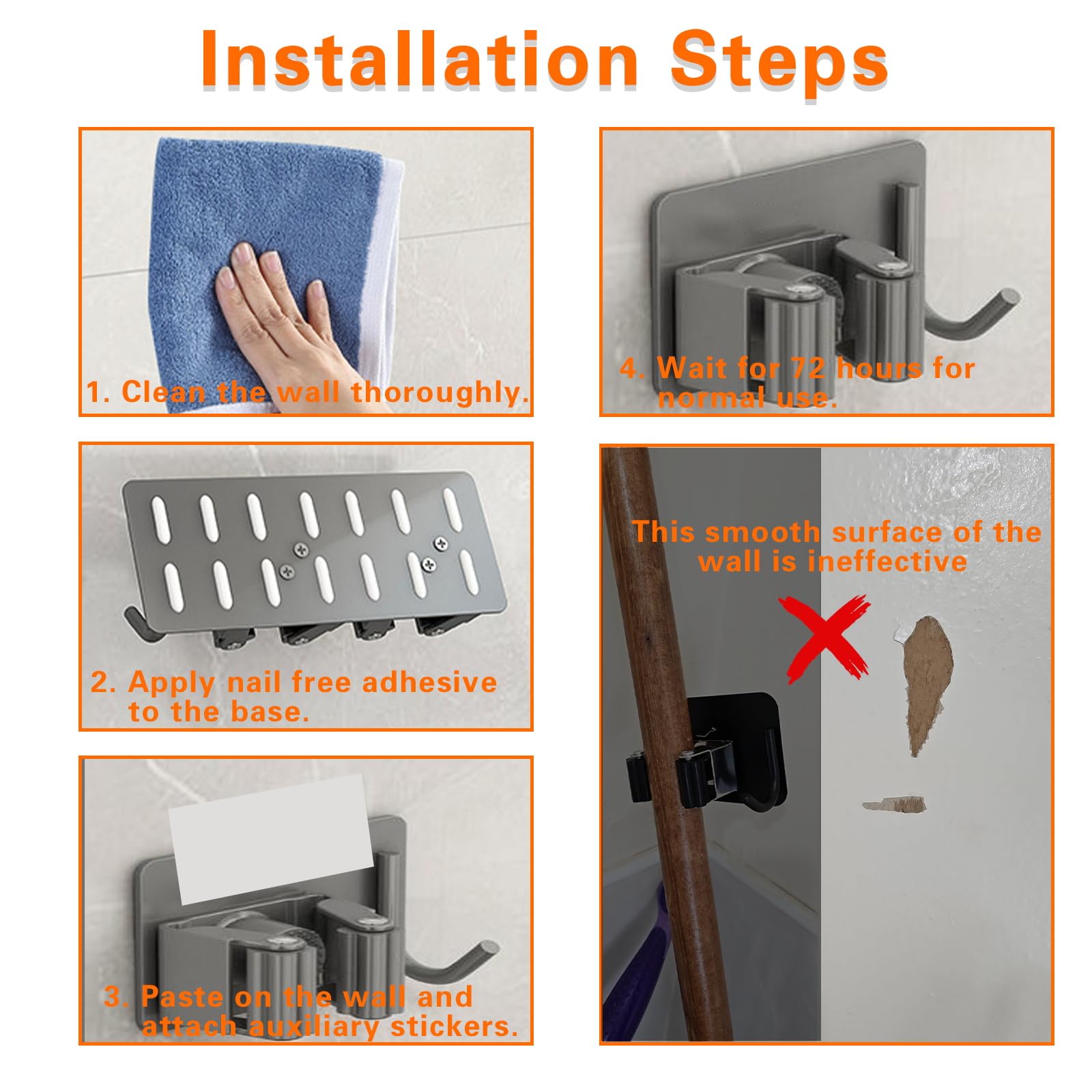 Mop Broom Holder-Self Adhesive Stainless Steel Broom Hanger Organizer for Bathroom, Kitchen, Office,Utility Room,Laundry Room,Home Garden, Garage Storage and Organization Rack(Silver gray-4Psc)