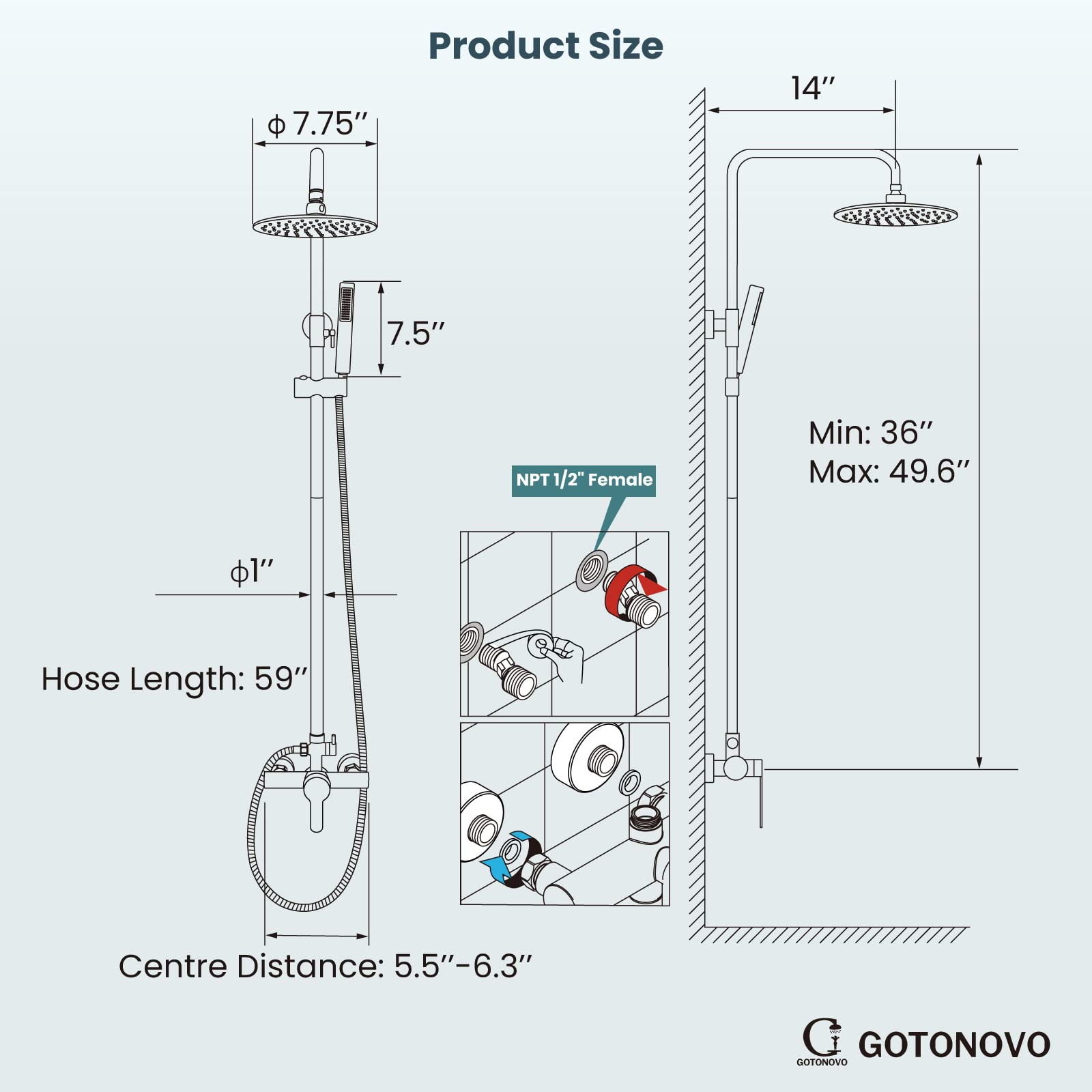 gotonovo Matte Black Outdoor Shower Fixture SUS304 System Combo Set Rainfall Single Handle High Pressure Hand Spray Wall Mount 2 Dual Function Stainless Steel
