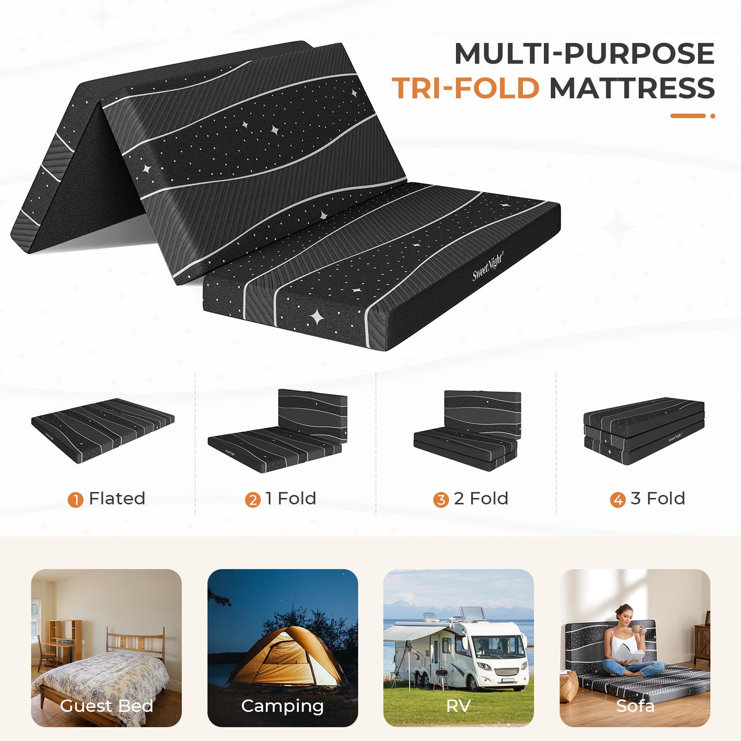 Sweetnight Portable Tri Folding Mattress Foldable - 4-inch Foldable Mattress with Removable & Breathable Cover | Comfy Soft Double-Sided Tri-Fold Mattress |Star Pattern(TXL)