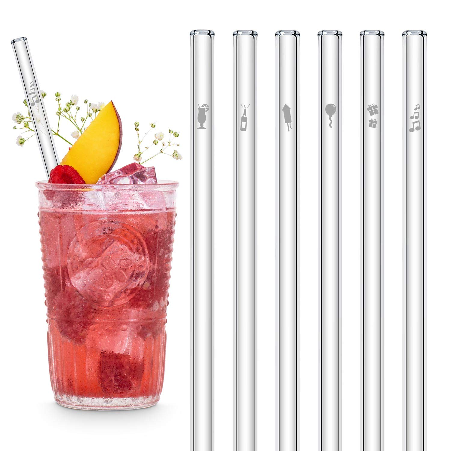 HALM Glass Straws - Birthday Party Edition - 6 Reusable Drinking Straws With Engraved Icons 20cm (8 in) - Birthday Present, Gift - Made in Germany - Dishwasher Safe - Eco-Friendly