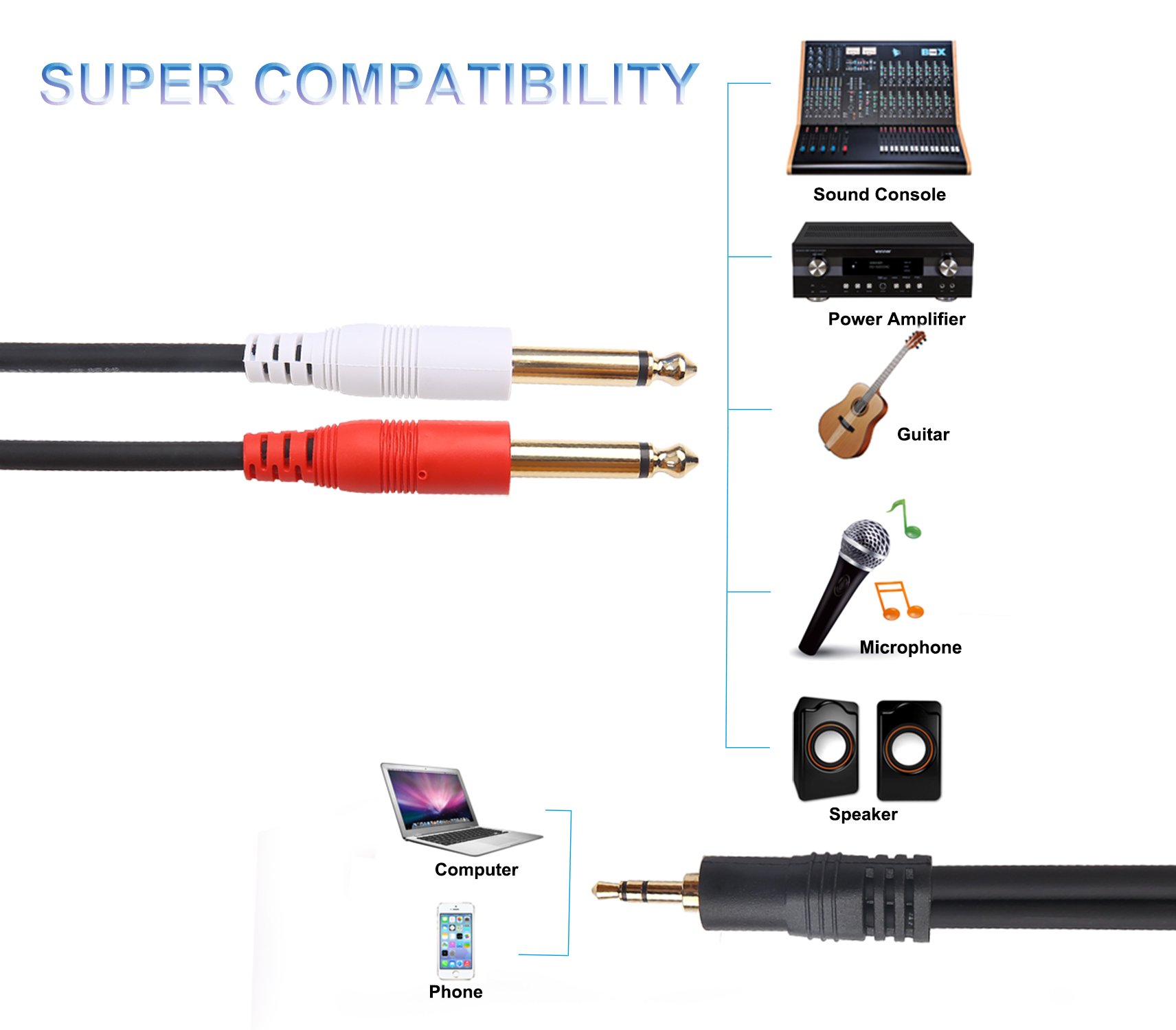 Devinal 1/8 inch Male Stereo to Dual 1/4 Mono Male Audio Cable, 3.5mm TRS to Dual 6.35mm TS Y Splitter Breakout Cord, Gold Plated Heavy Duty Durable 15 Feet