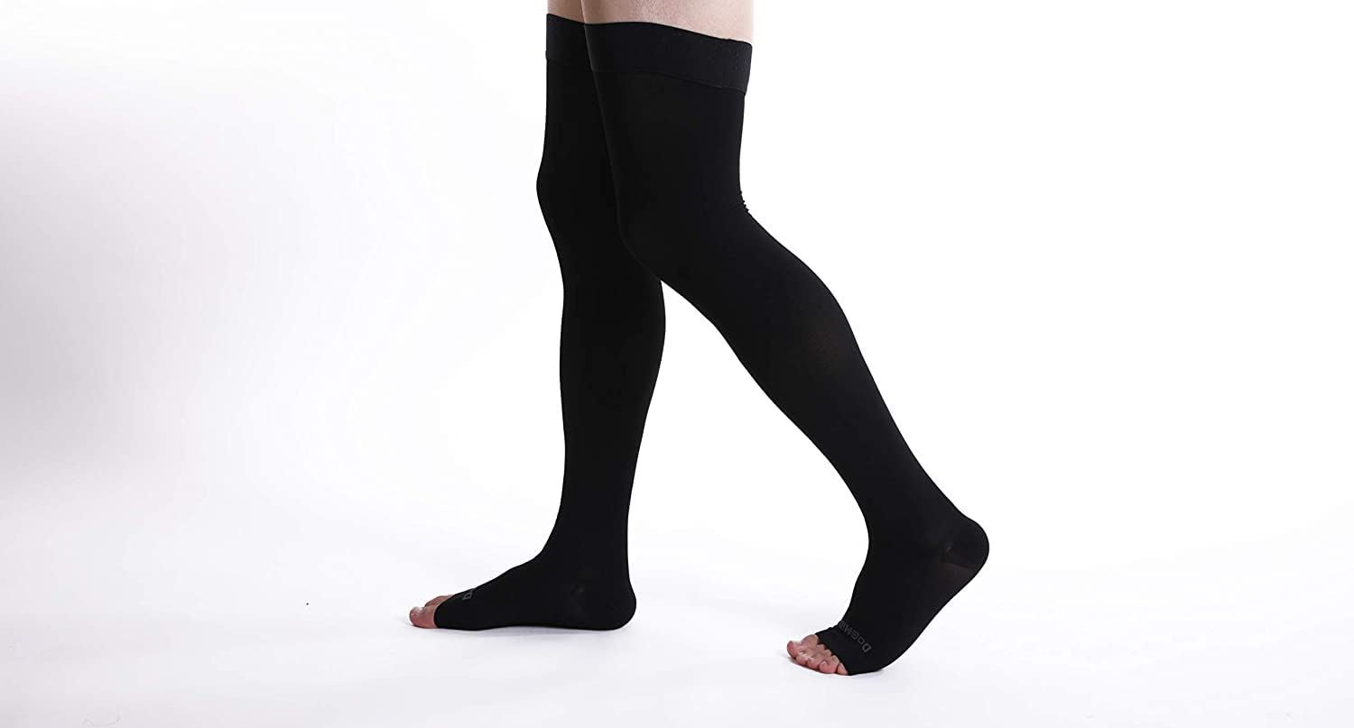 Doc Miller Thigh High Open Toe Compression Stockings 20-30mmHg for Varicose Veins, Pregnancy Support Open Toe Thigh High Compression Socks for Women and Men - 1 Pair Black XX-Large