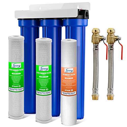 iSpring WCB32O+AHPF12MNPT12X2 3-Stage Whole House Water Filtration System w/ 20” x 2.5” Oversized Fine Sediment and Carbon Block Filters and 3/4" Push-fit Stainless Steel Hose Connectors, Blue