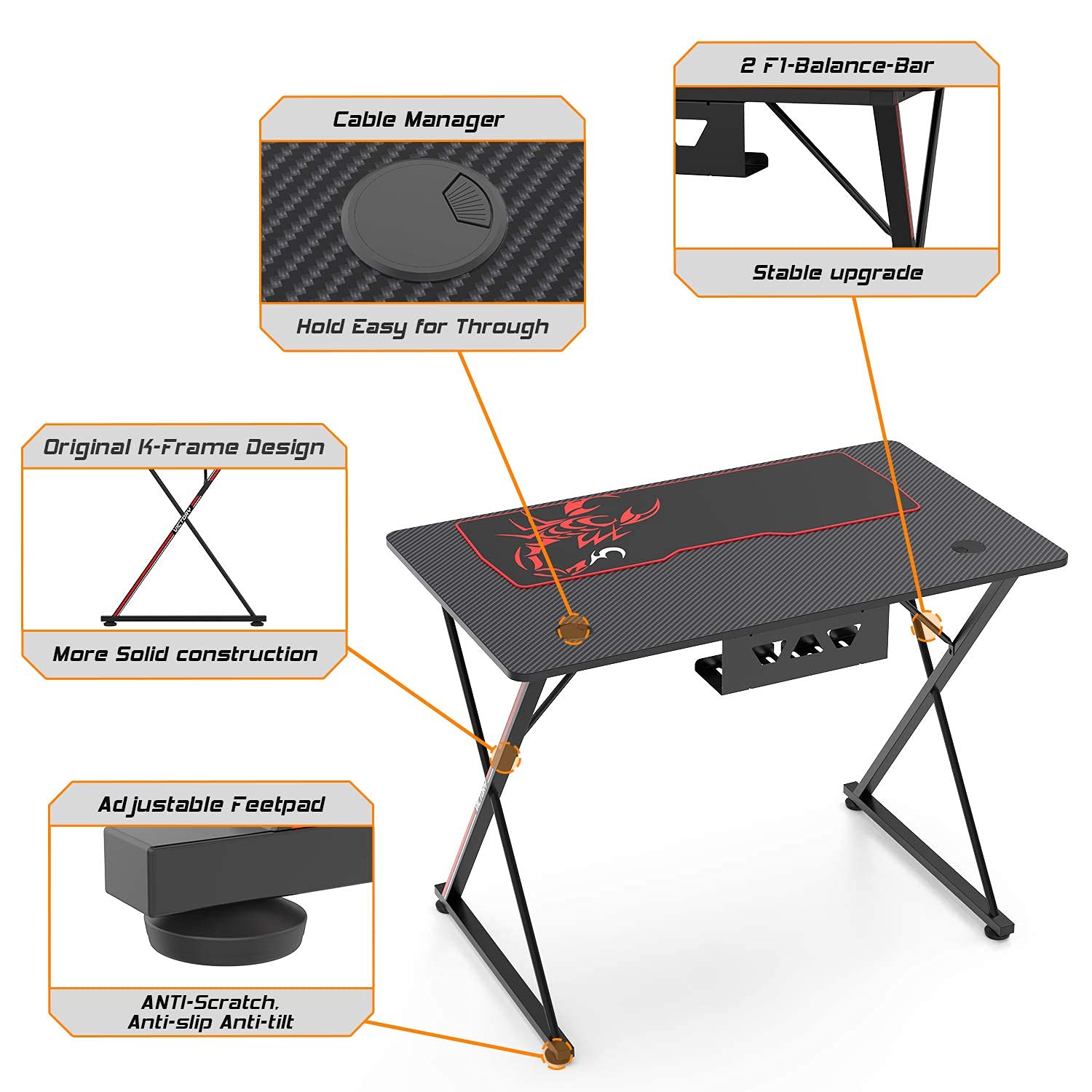 DESIGNA 39'' Gaming Desk, X-Shape Computer Desk with Free Mouse pad, Cup Holder& Headphone Hook & Controller Stand, Gamer Workstation for Home Office, Black