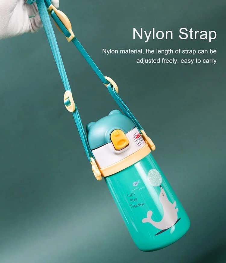 Stainless Steel Double Wall Insulated Water Bottle for kids With BPA free straw + adjustable strap (Pink)