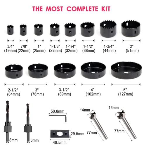 Hole Saw Set, 23Pcs Hole Saw Kit with 13Pcs Saw Blades, General Purpose 3/4" to 5" (19mm-127mm) Hole Saw, Mandrels, Hex Key with Storage Box, Ideal for Soft Wood, PVC Board