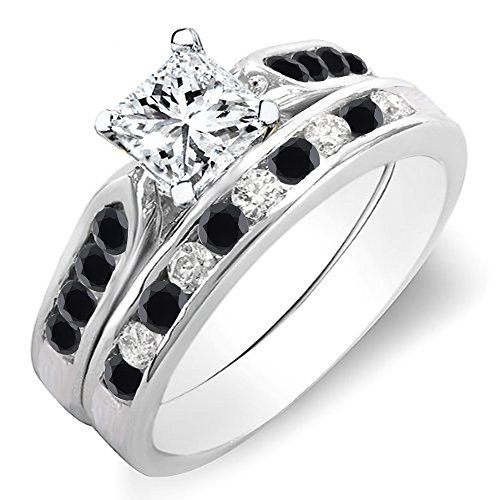 Dazzlingrock Collection 1.10 Cttw Black & White Diamond Wedding Ring Set in 10K White Gold, Size 10