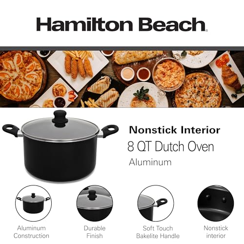Hamilton Beach Nonstick Covered Stockpot 8-Qt - Black Aluminum Stockpot with Soft Touch Bakelite Handle & Glass Lid - Flared Edge - Spiral Bottom, Multipurpose Use - Durable & Dishwasher Safe