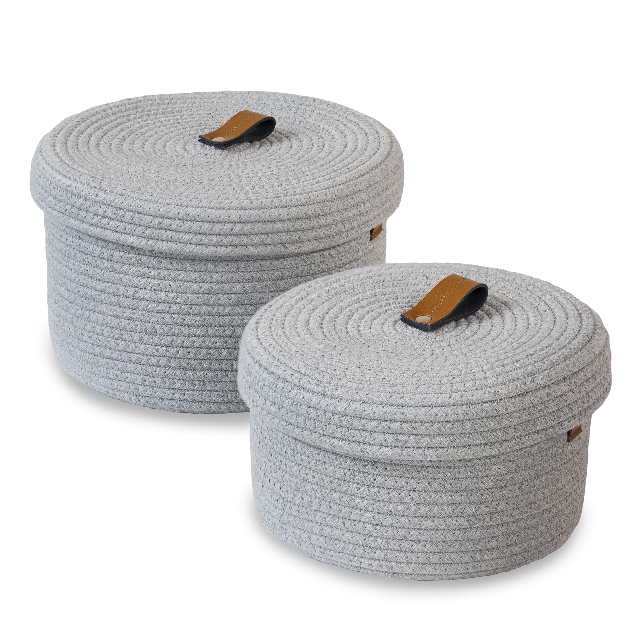 DENJA & CO Decorative Storage Basket Organizer Set of 3 and Round Baskets with Lids Set of 2 (Light Gray)