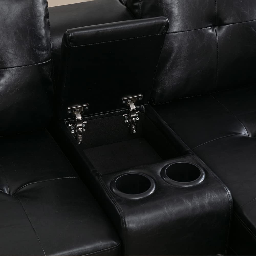 P PURLOVE L Shaped Sectional Sofa Couch,Modern Faux Leather Living Room Sofa, Modular 3 Seat Sofa Sectional with Storage and Cupholder for Apartment Office,(Black PU)