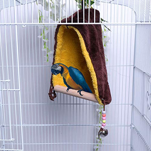 Parrot Swing Perch - Bird Winter Plush Hut Tent Birdcage Hammock with Wood Stand and Bells Pendant for Parakeets Cockatiels, Conures, Macaws, Parrots, Love Birds, Finches