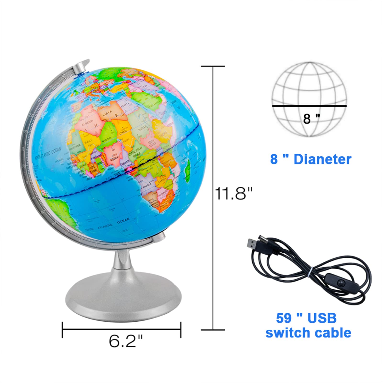 CYHO Illuminated World Globe - USB 2 in 1 LED Desktop World Globe, Interactive Earth Globe with World Map and Constellation View Fit for Kids Adults, Ideal Educational Geographic Learning Toy