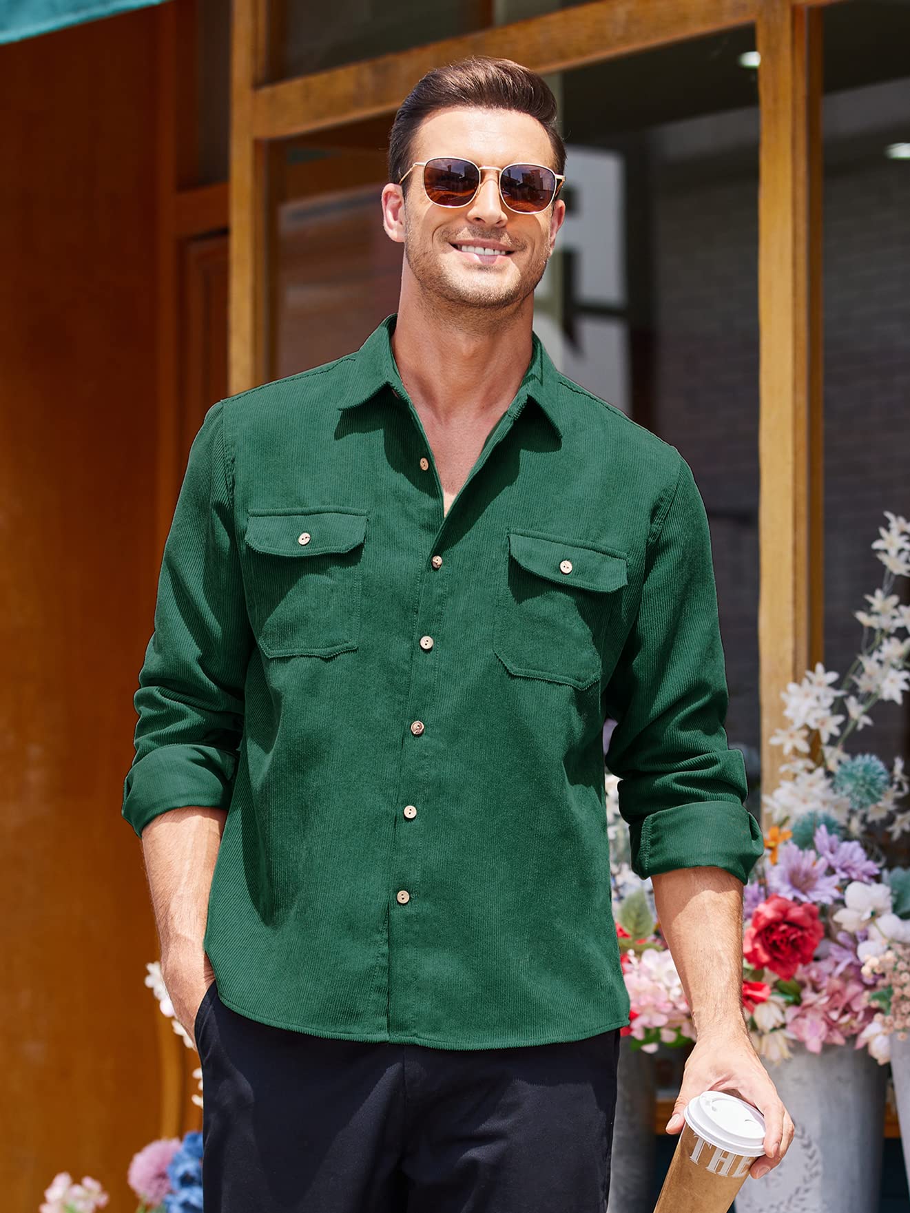 COOFANDY Men's Shacket Button Up Regular Fit Designer Spring Waffle Shirt Jacket Green